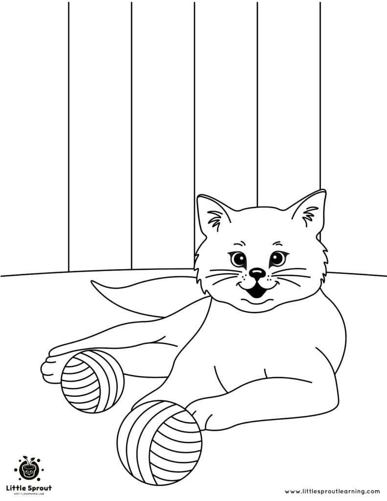Cute Cat Playing With Yarn Coloring Page | Little Sprout Art