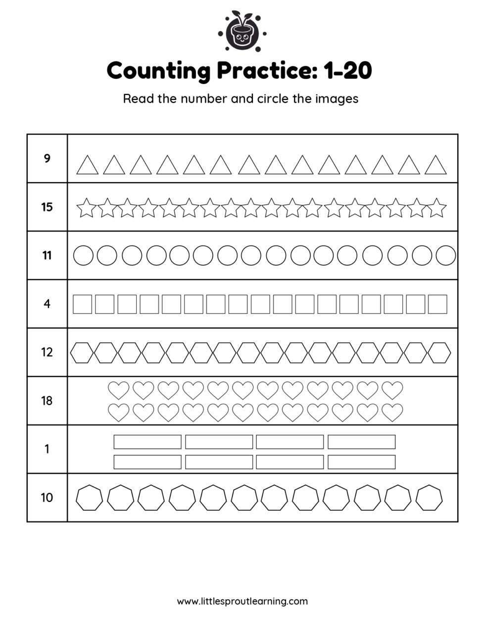 Read The Numbers And Circle The Images Up To 20
