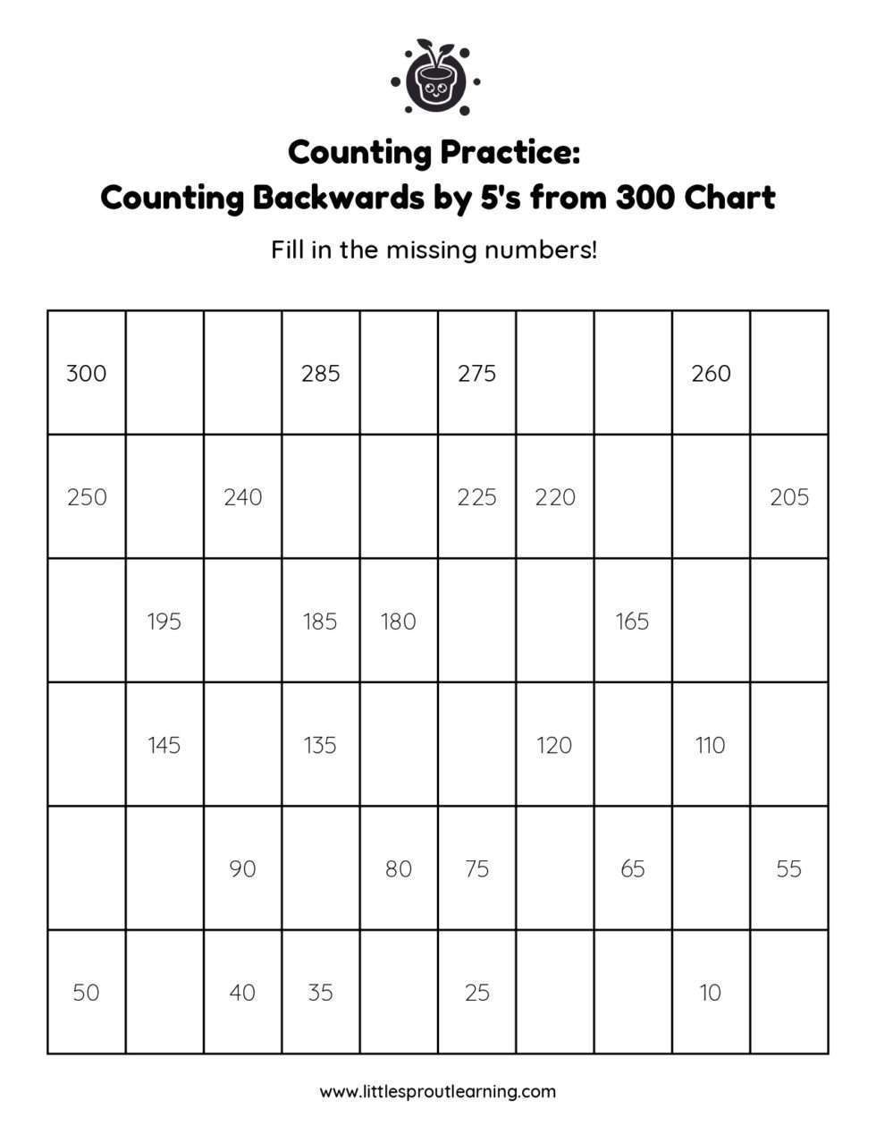 Counting Backwards By 5’s From 300 – Fill In The Blanks