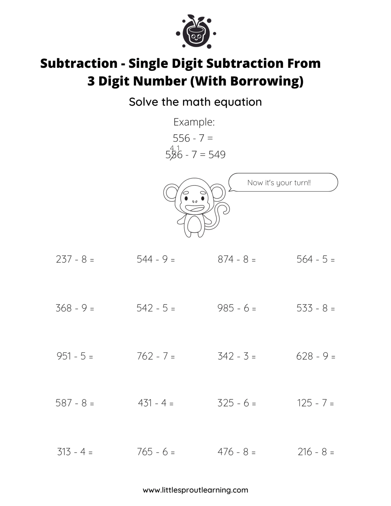 Single Digit Subtraction From 3 Digit Numbers