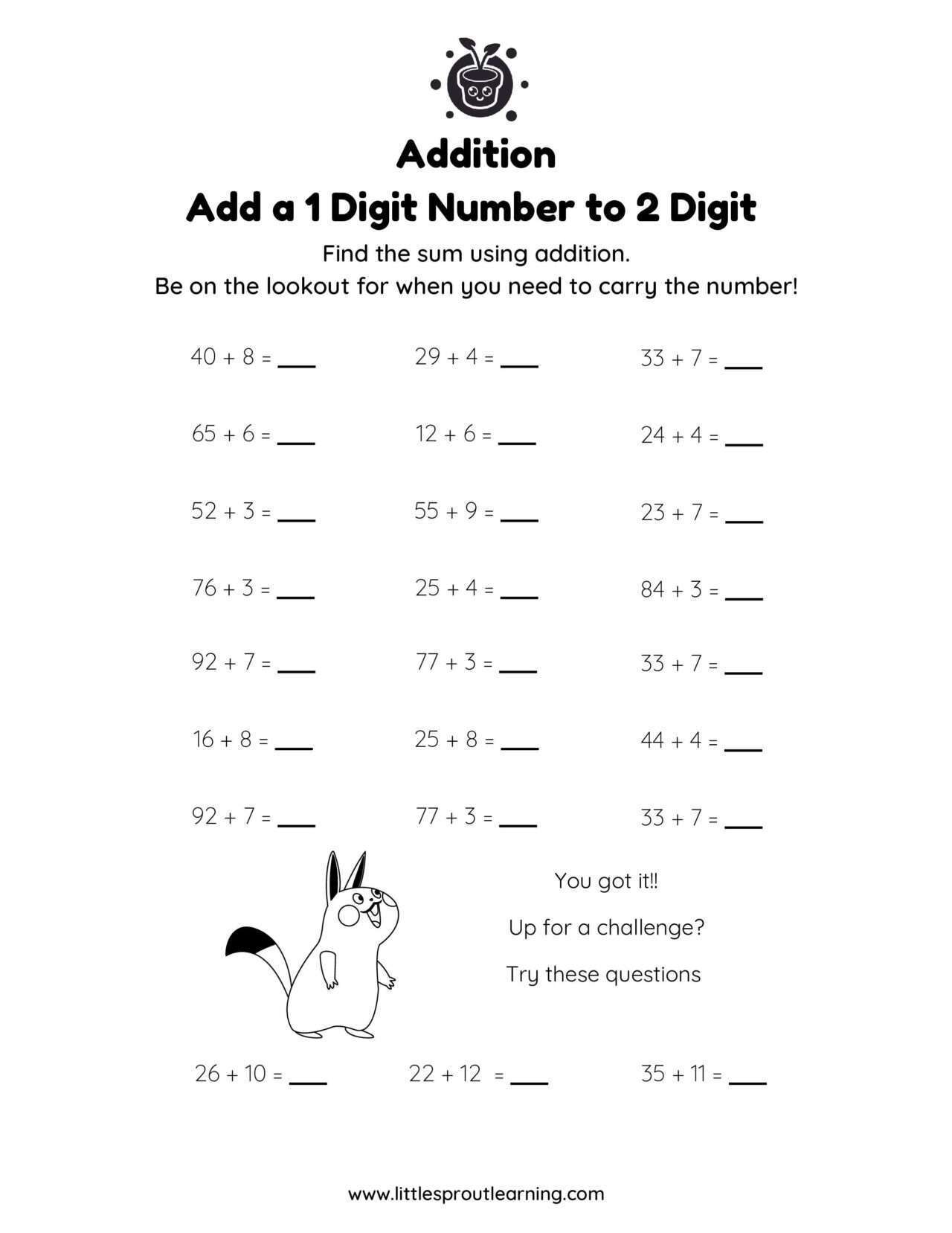 Grade 3 Addition Worksheet Adding Single Digit To 2 Digit