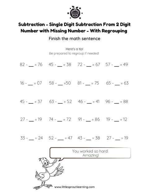 Single Digit Subtraction From 2 Digits With Missing Number