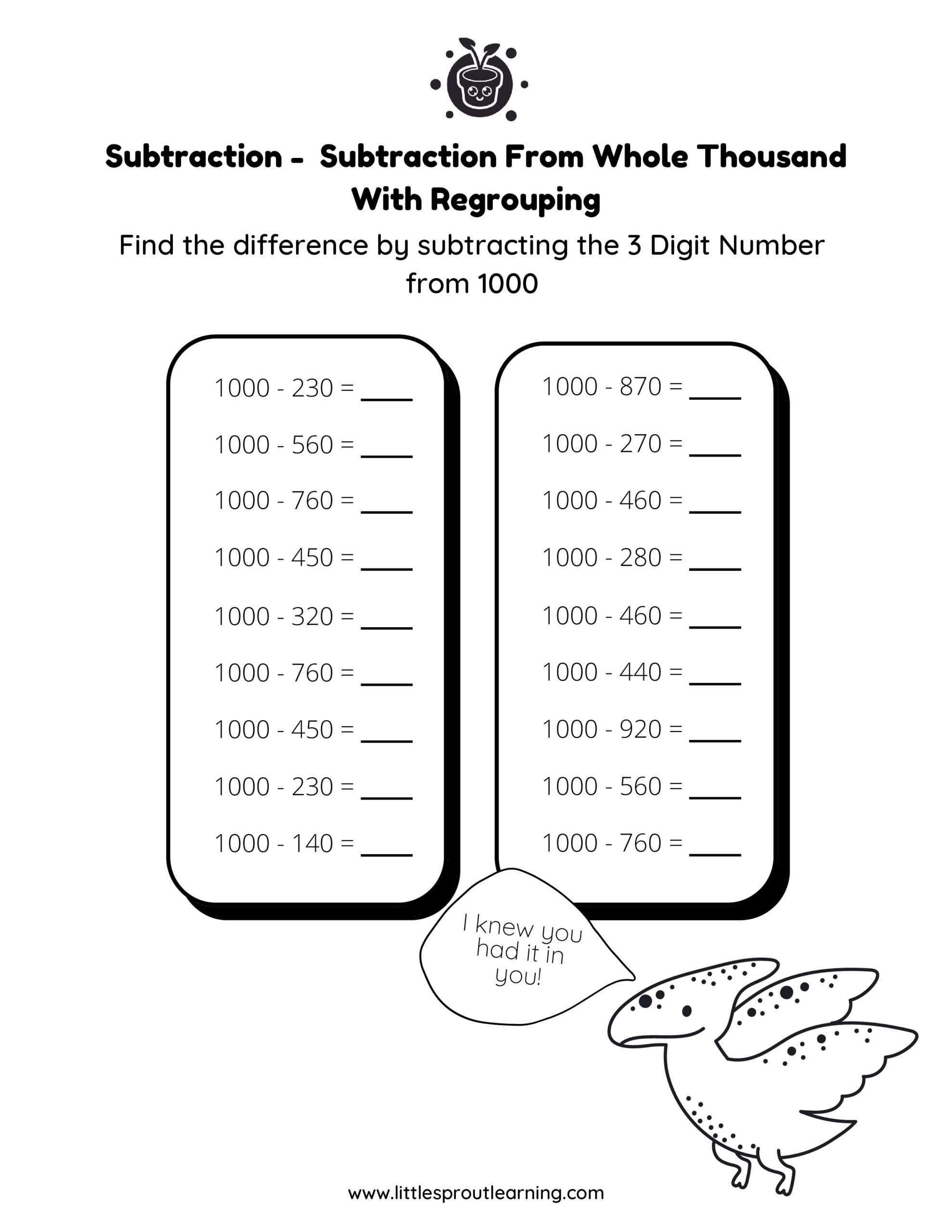 Grade 3 Subtraction Worksheet Subtraction From 1000