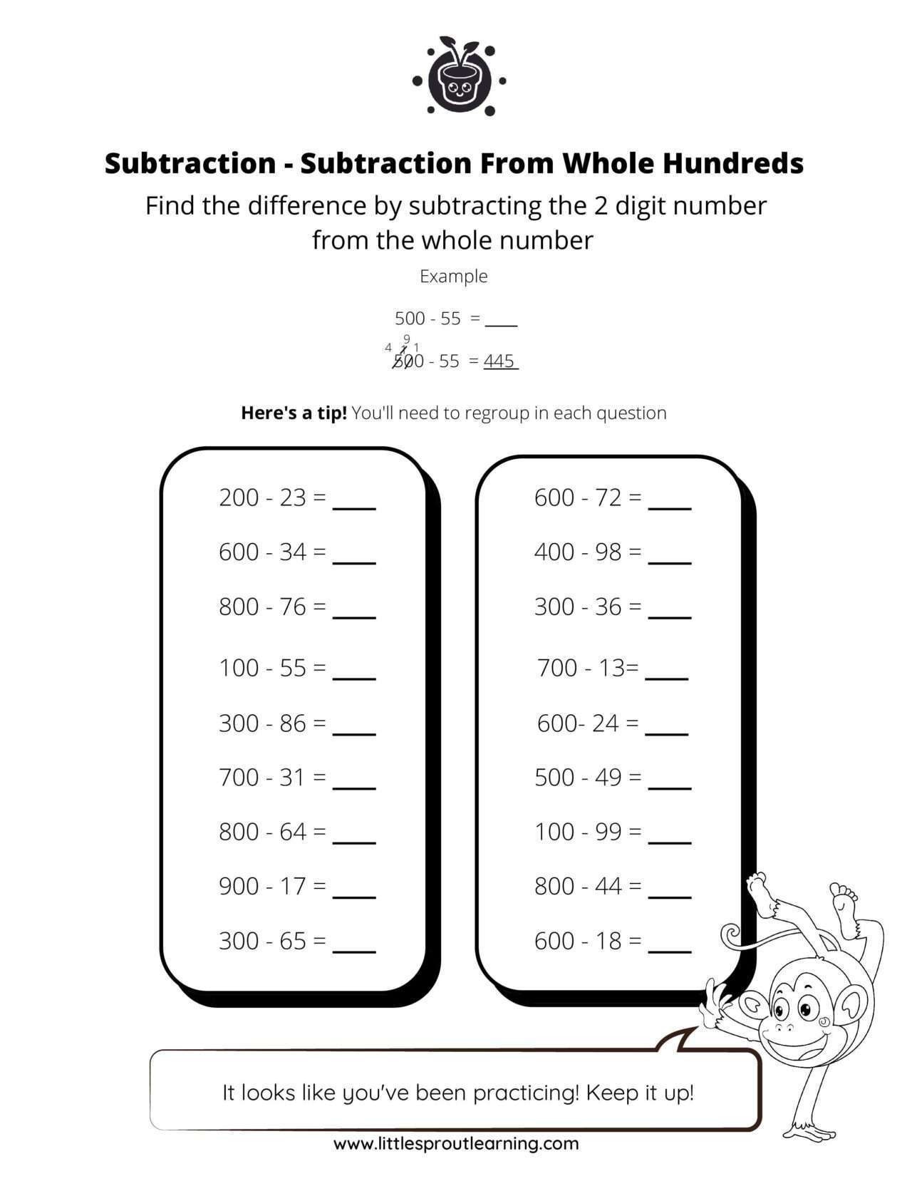Subtraction From Whole Hundreds With 2 Digit Numbers