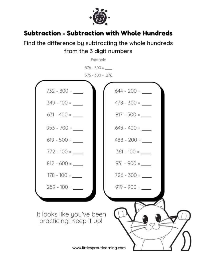 Subtraction With Whole Hundreds From 3 Digit Numbers (With Regrouping)