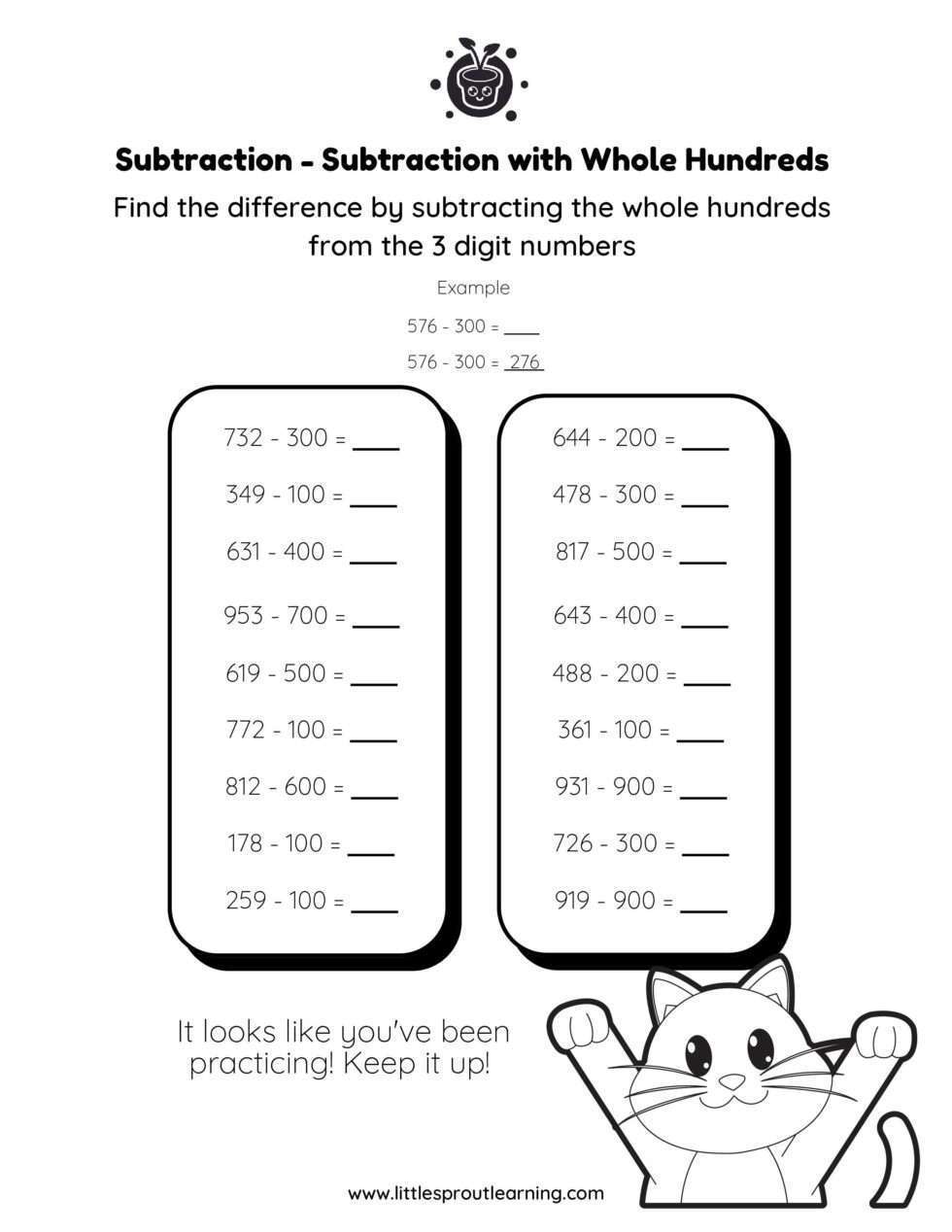 Subtraction With Whole Hundreds From 3 Digit Numbers With Regrouping 