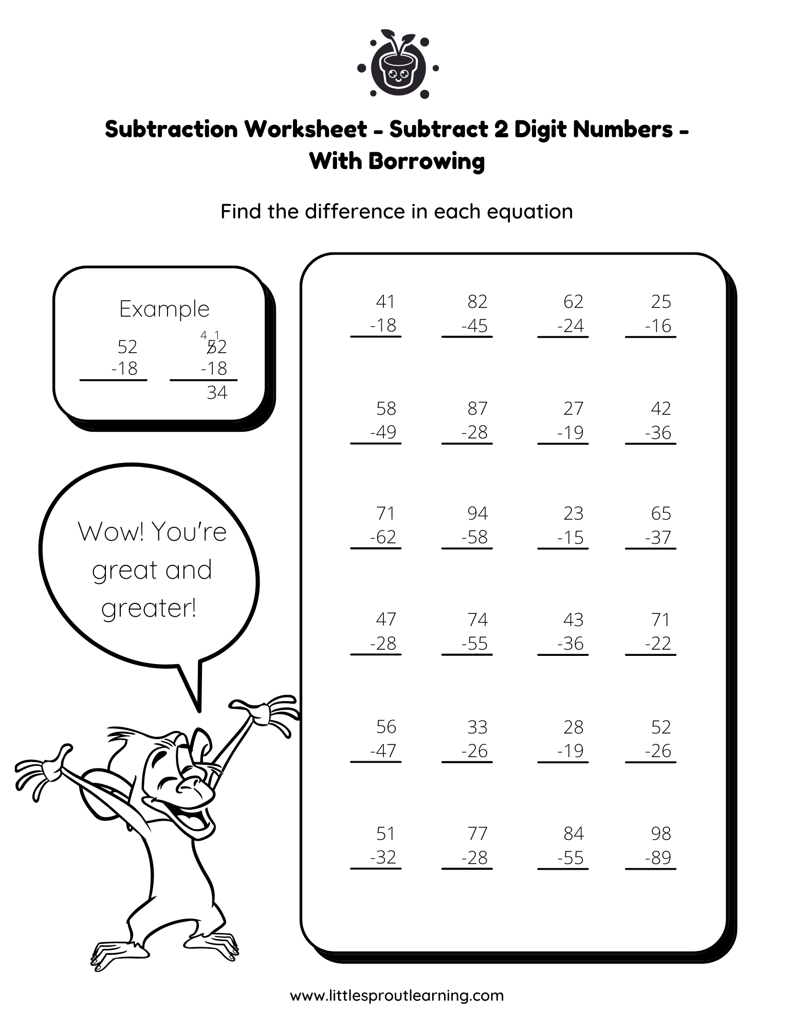 Subtract 2 Digit Numbers With Borrowing Little Sprout Art