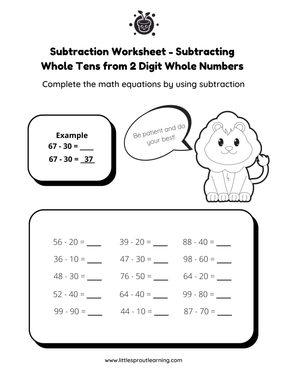 Subtracting Whole Tens From 2 Digit Whole Numbers Subtracting Whole Tens From 2 Digit Whole Numbers