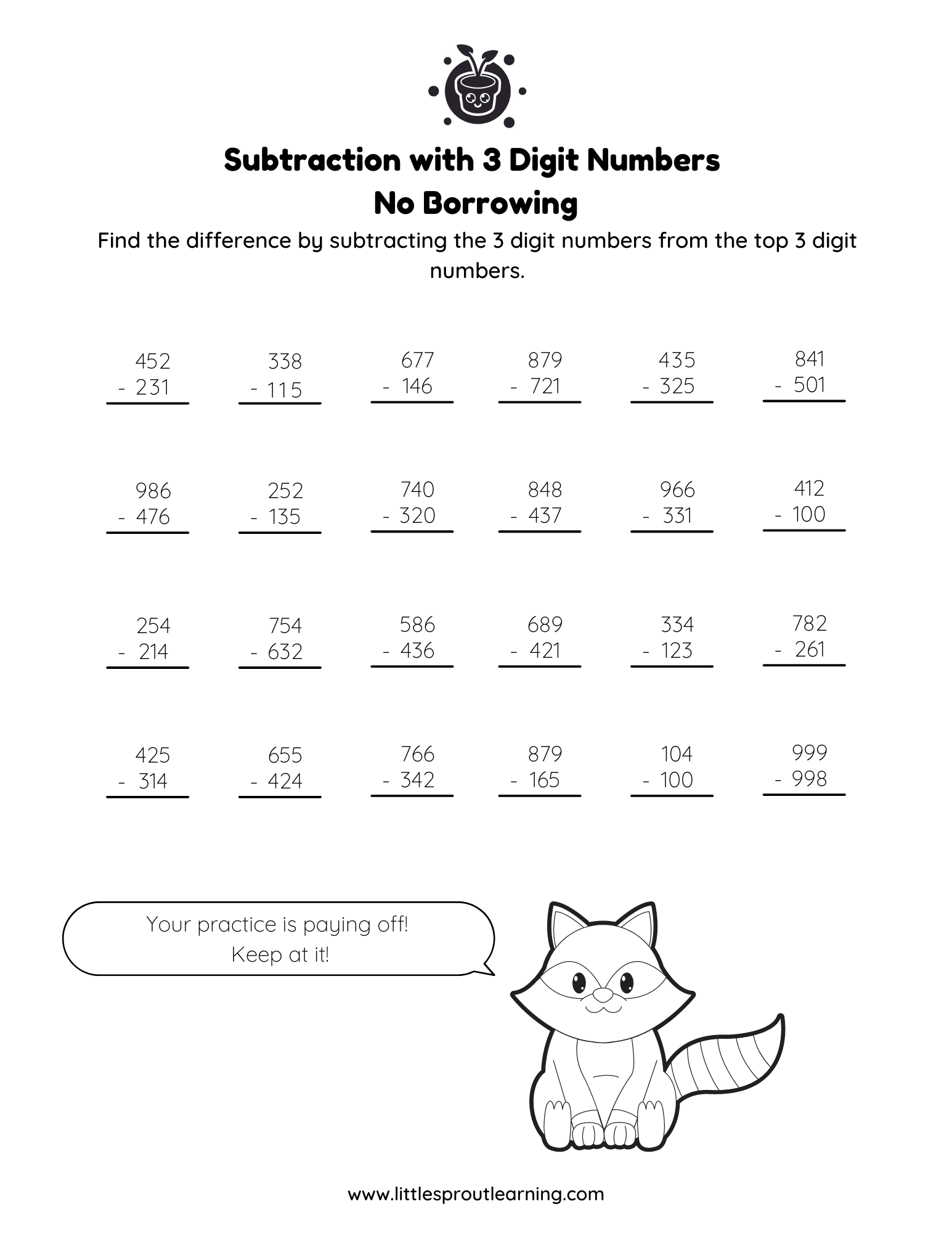 Subtraction Worksheet Subtracting 3 Digit Numbers Little Sprout Art Subtraction Worksheet Subtracting 3 Digit Numbers Little Sprout Art