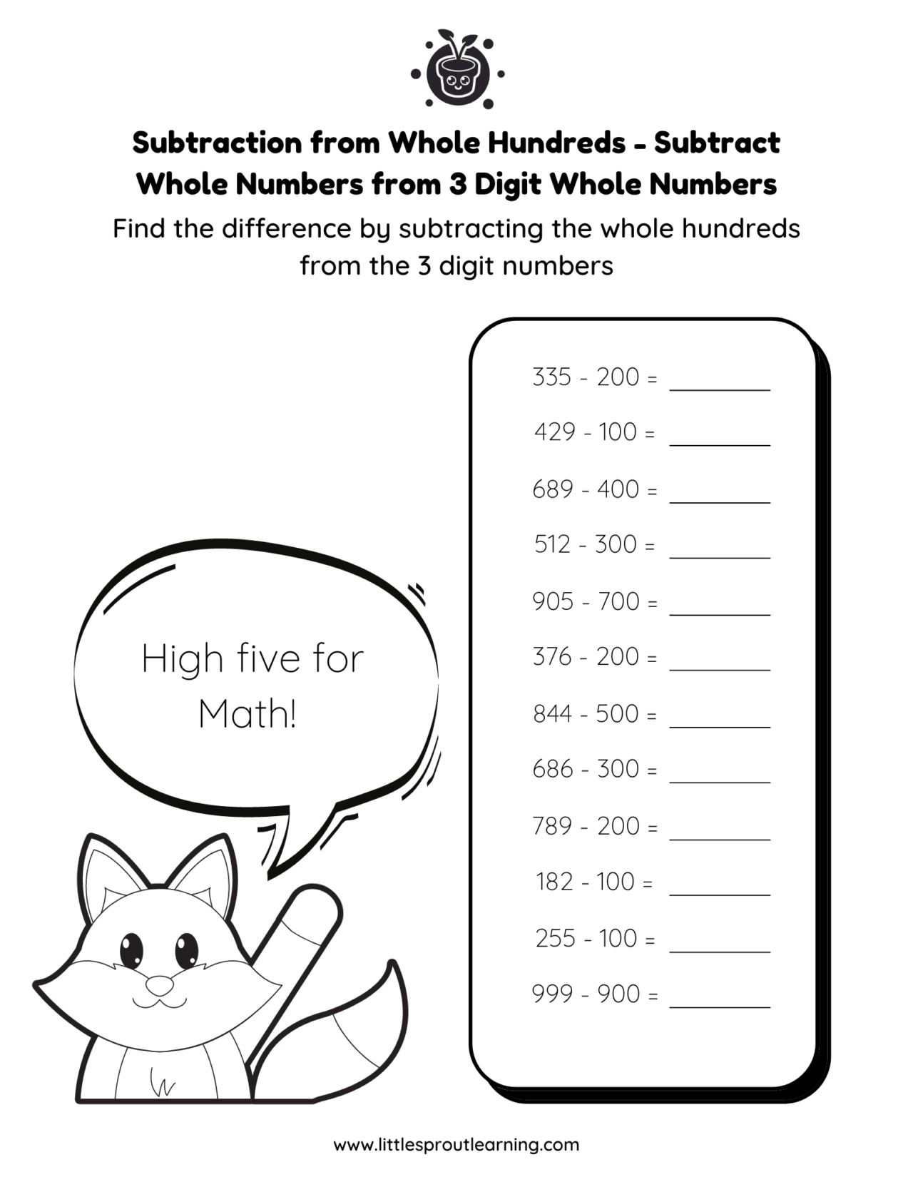 Subtraction Worksheet Subtracting Whole Hundreds From 3 Digit Whole