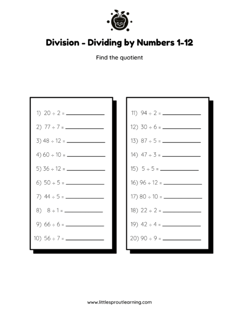 Dividing By 1-12 Worksheet - Little Sprout