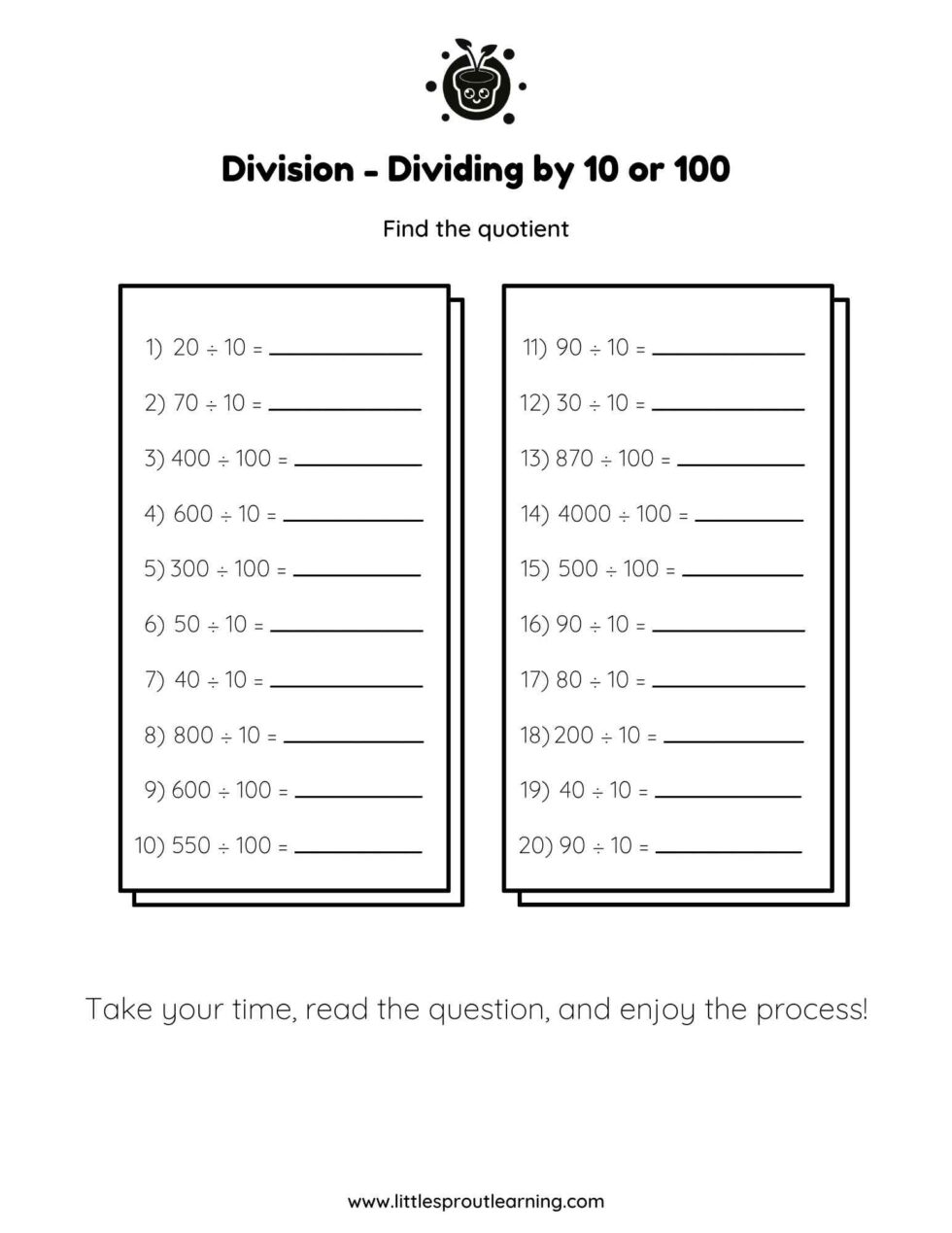 Grade 4 Division Worksheet Dividing By 10 Or 100 Little Sprout Art