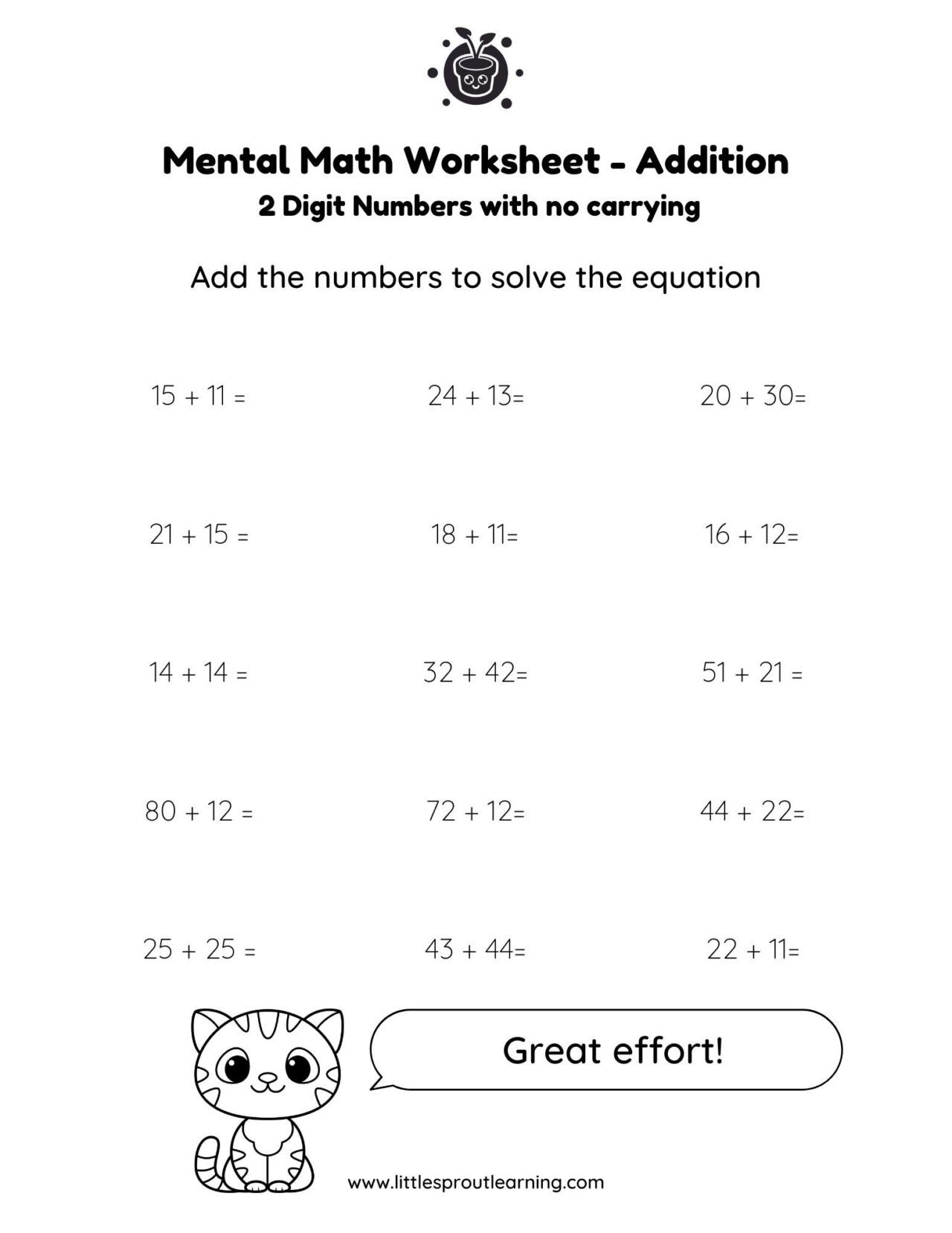 Best Two Digit Mental Math Worksheets - Little Sprout Art + Learning Lab