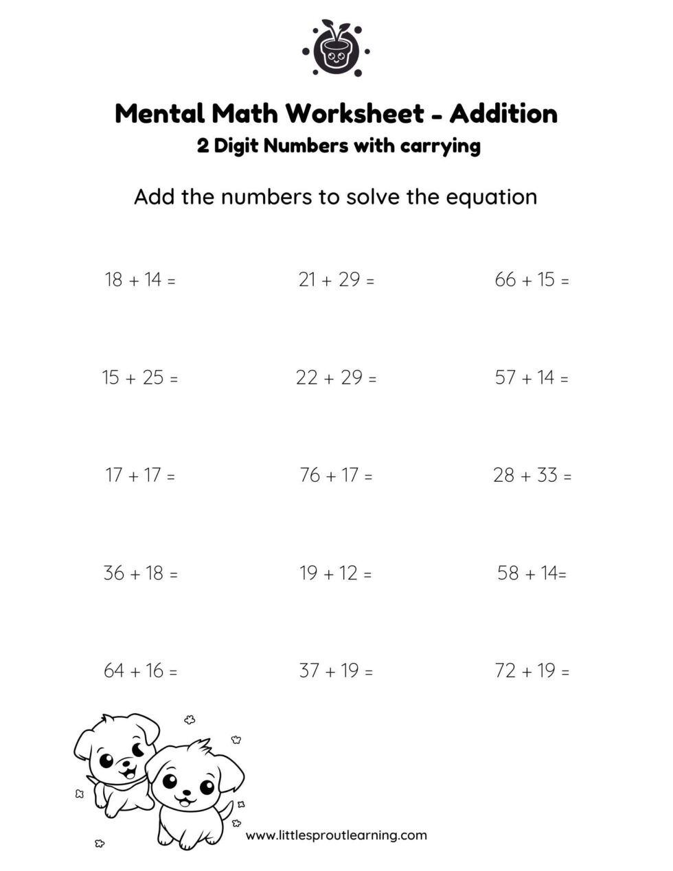 Best Two Digit Mental Math Worksheets - Little Sprout Art + Learning Lab