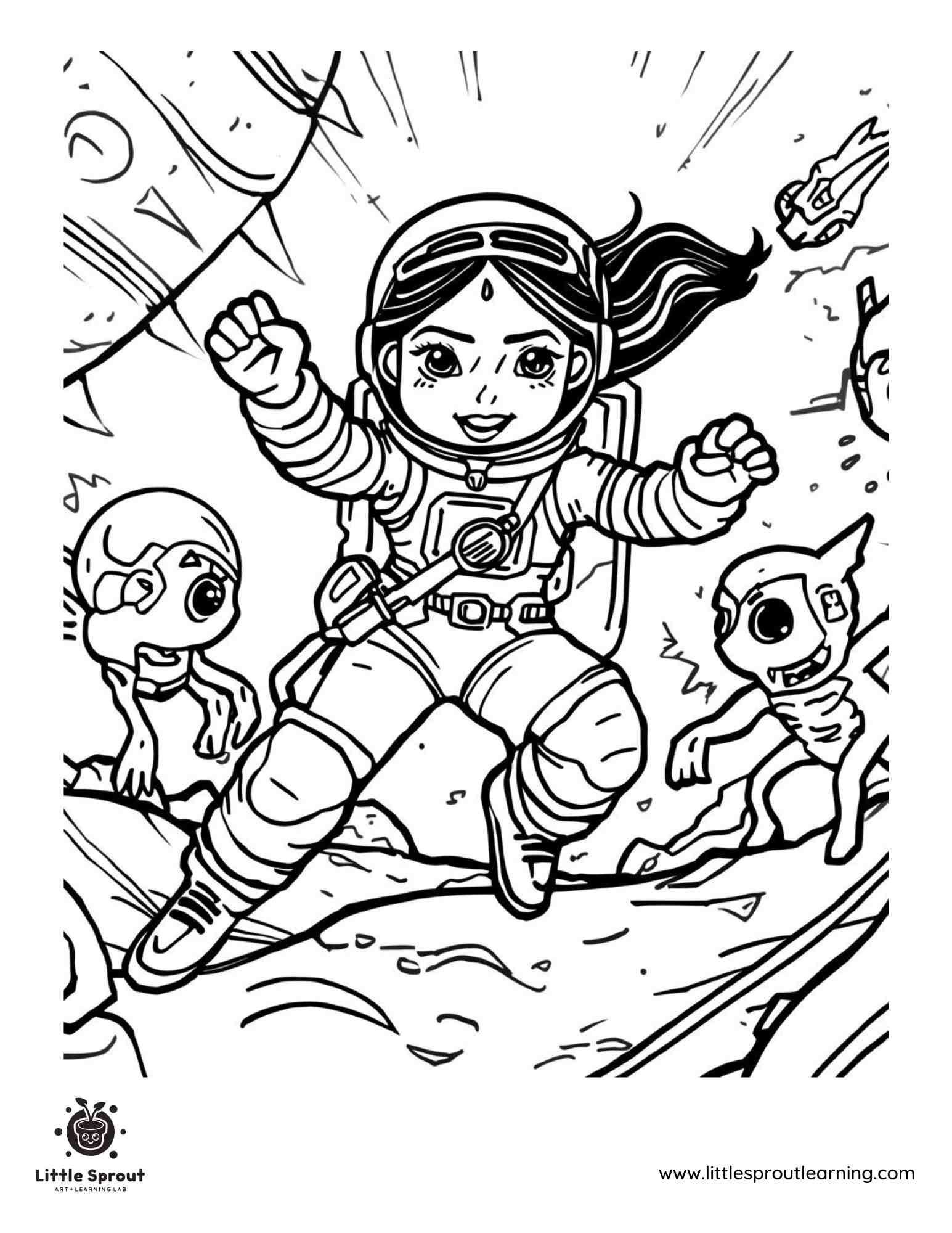 Aliens And Girl Astronaut Coloring Page - Little Sprout Art + Learning Lab